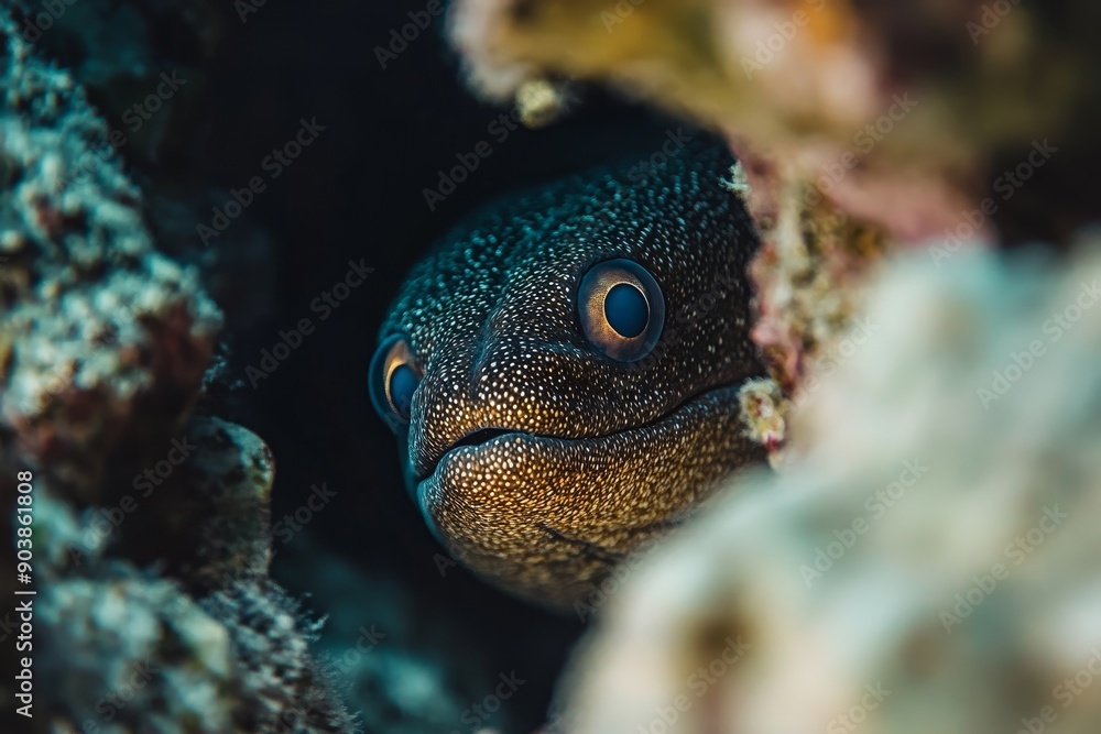 Macro shot of a moray eel peeking out from a rock crevice in the deep ...