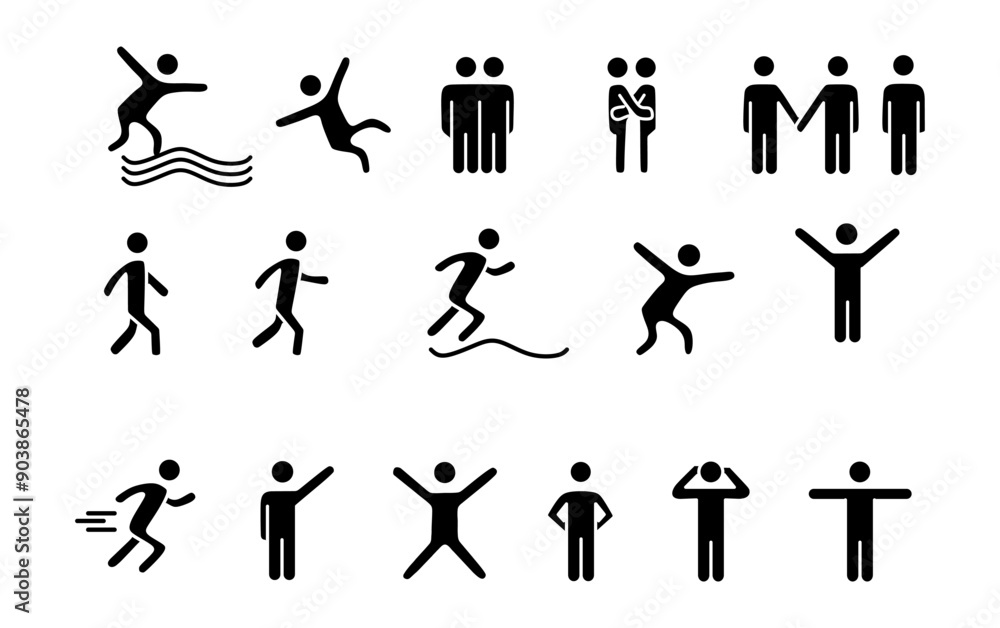Set people icon, action pictogram black, stick figure human silhouettes ...