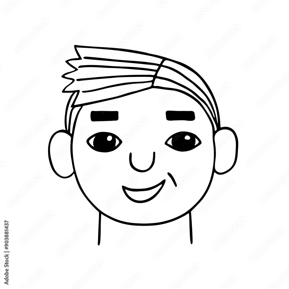 Funny smiling face of a teenage boy or young guy, black outline ...