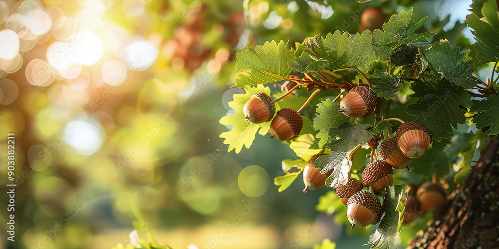 Growing brown acorns on an oak branch. Seeds, fruits, nuts of a forest ...