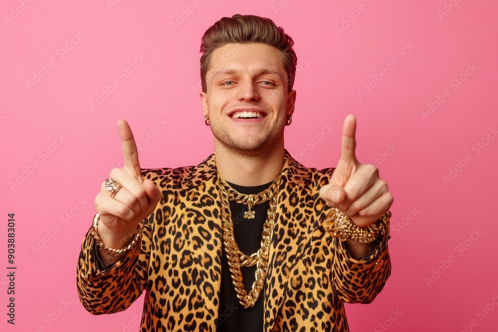 Happy guy in gold necklace and leopard suit pointing fingers at camera ...