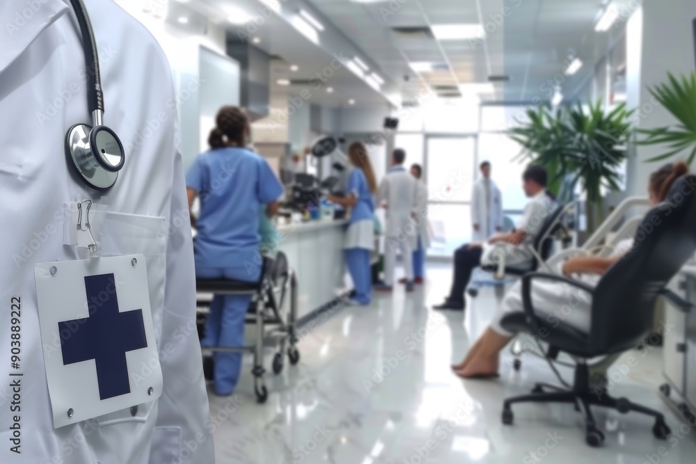 Busy hospital scene with medical staff and patients depicting a typical ...