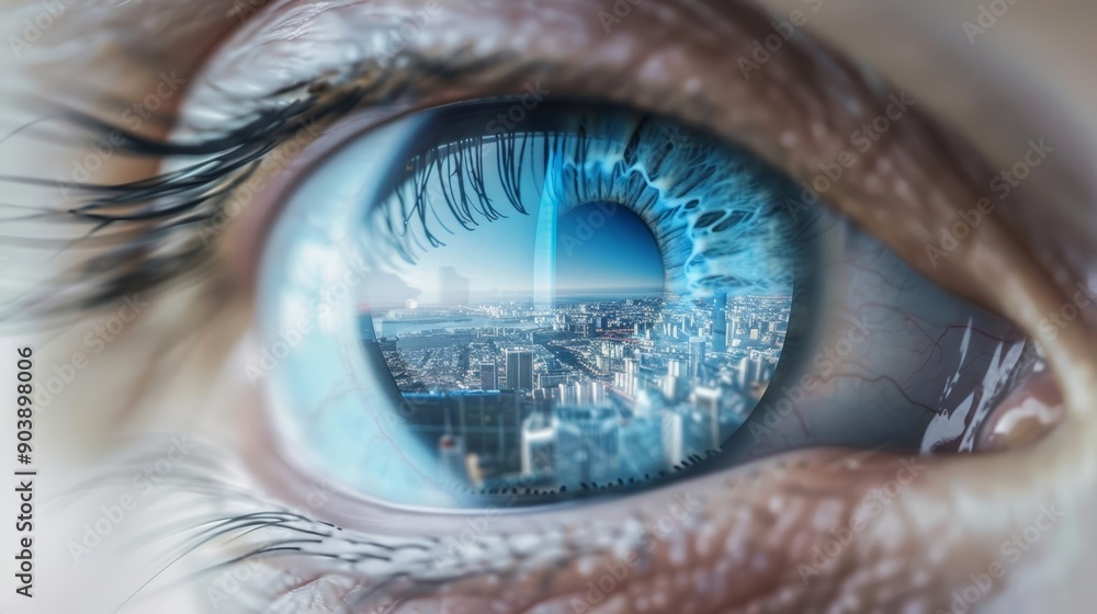 Giant blue eye reflecting a futuristic cityscape, symbolizing visionary ...