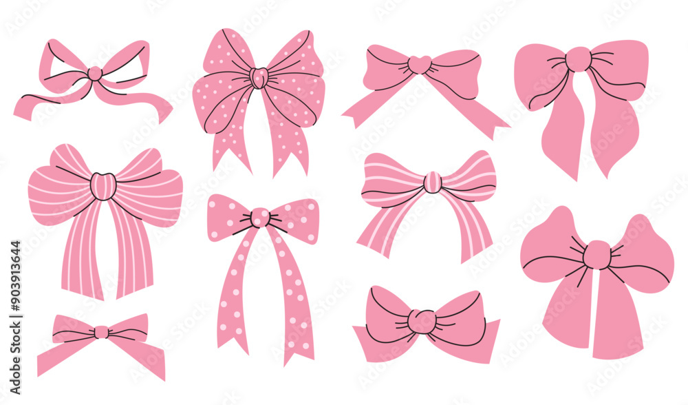 Coquette aesthetic pink ribbon bow collection. Isolated trend drawing ...