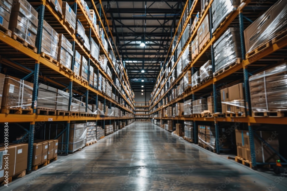 Warehouse with high shelves filled with goods stored on big industrial ...