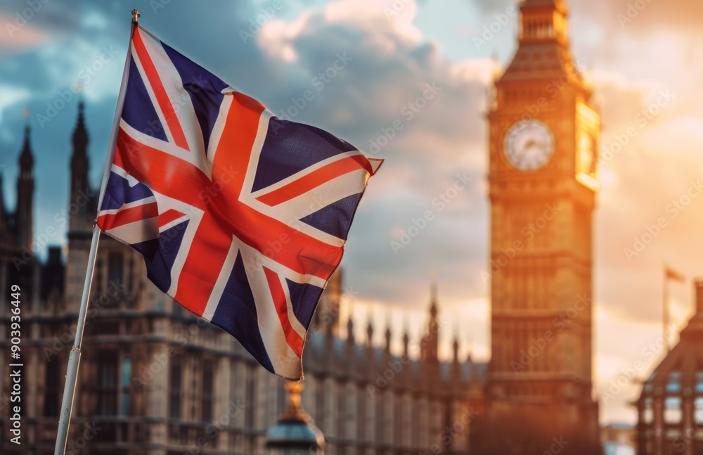 British Union Jack flag blowing in the wind with big ben tower and the ...