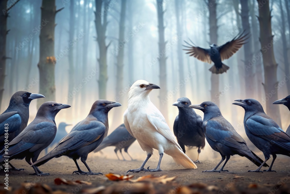 isolated white crow stands out among flock of black crows in misty ...