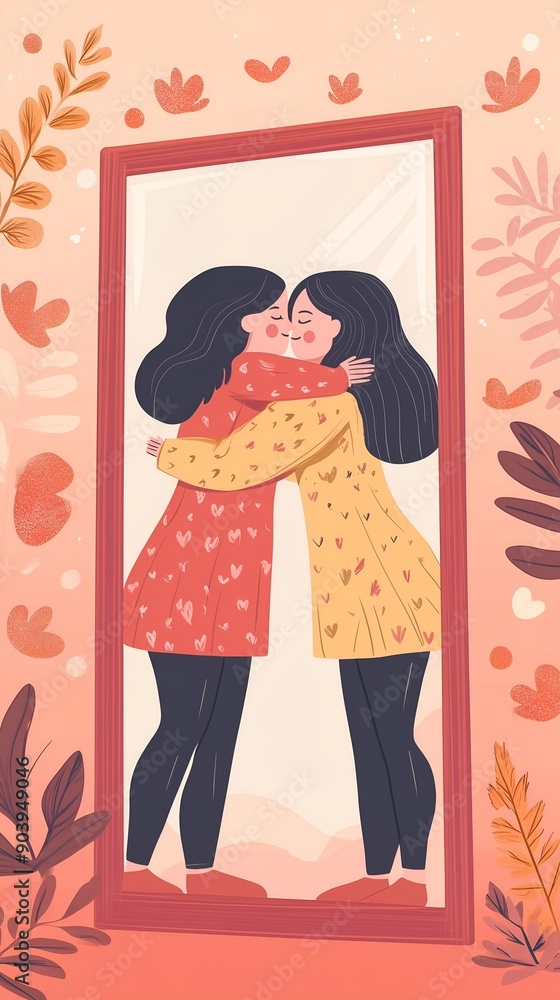 Young woman hugging her own reflection in the mirror. Love yourself ...