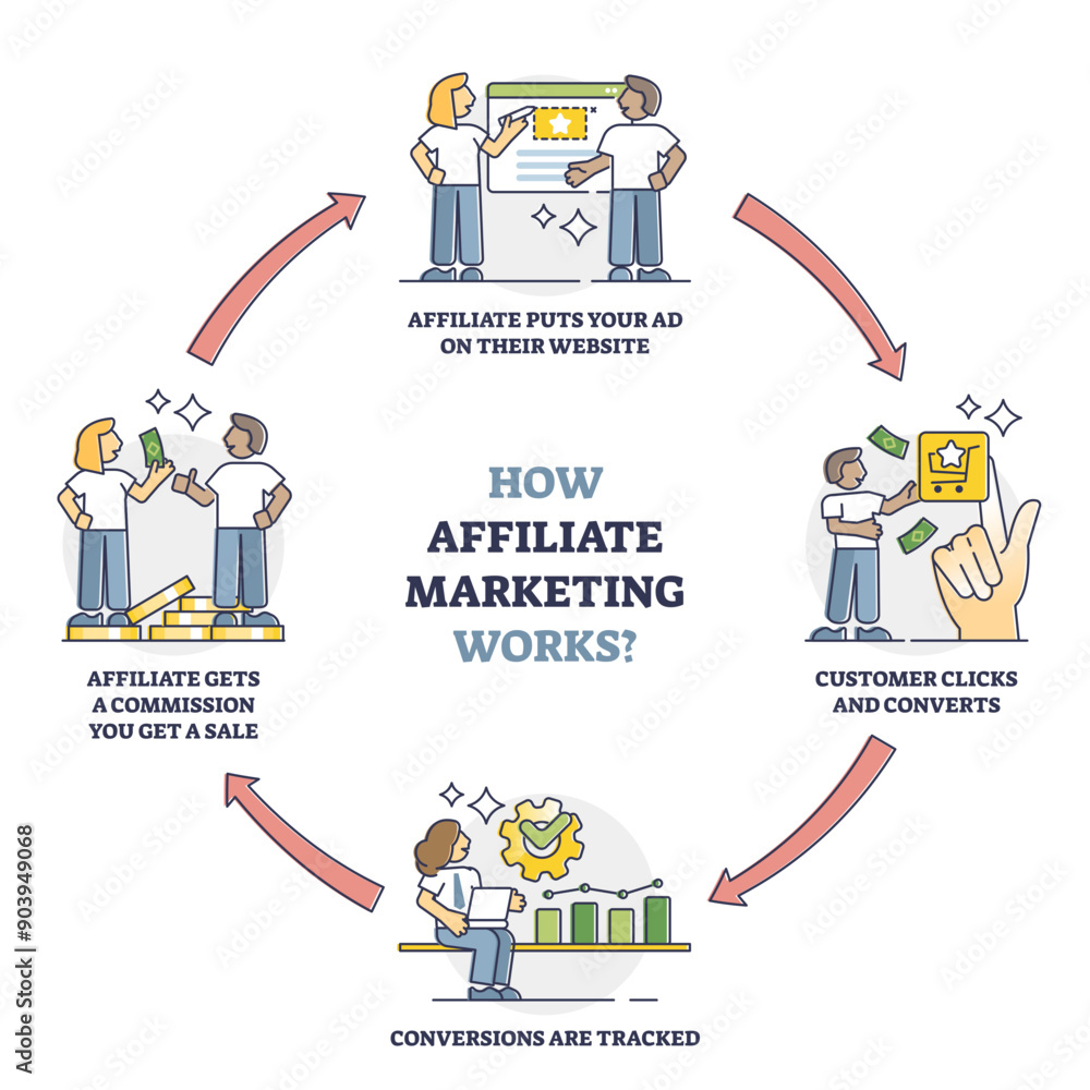 How affiliate marketing works with process stages description outline ...