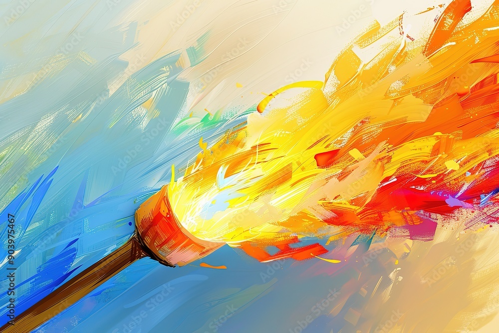 Abstract painting of the Olympic torch, with flames and colors flowing ...