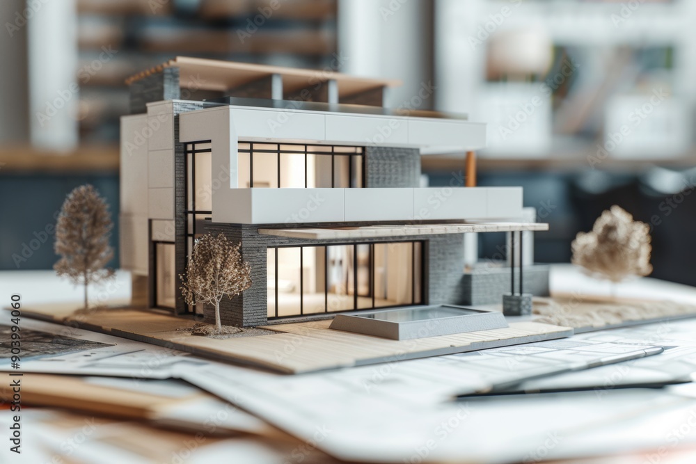 Beautiful cute little modern house mockup, on a stack of documents for ...