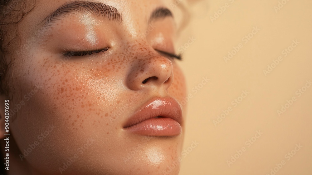 A serene woman with clear skin and freckles, eyes closed, symbolizing ...