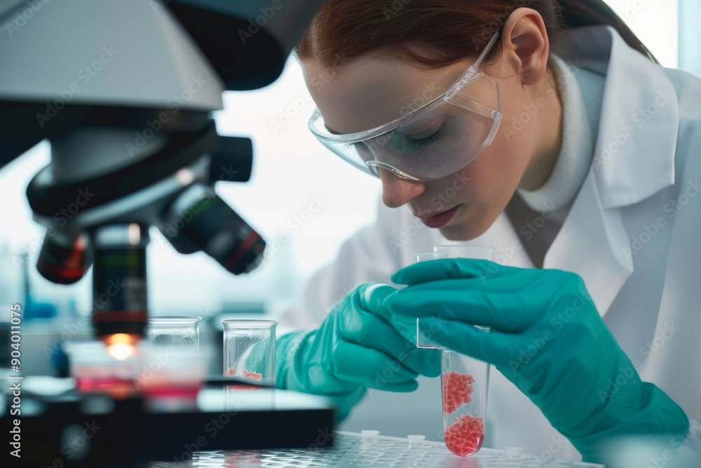 cell research, scientist viewing cells in a multi well plate under the microscope in the ...