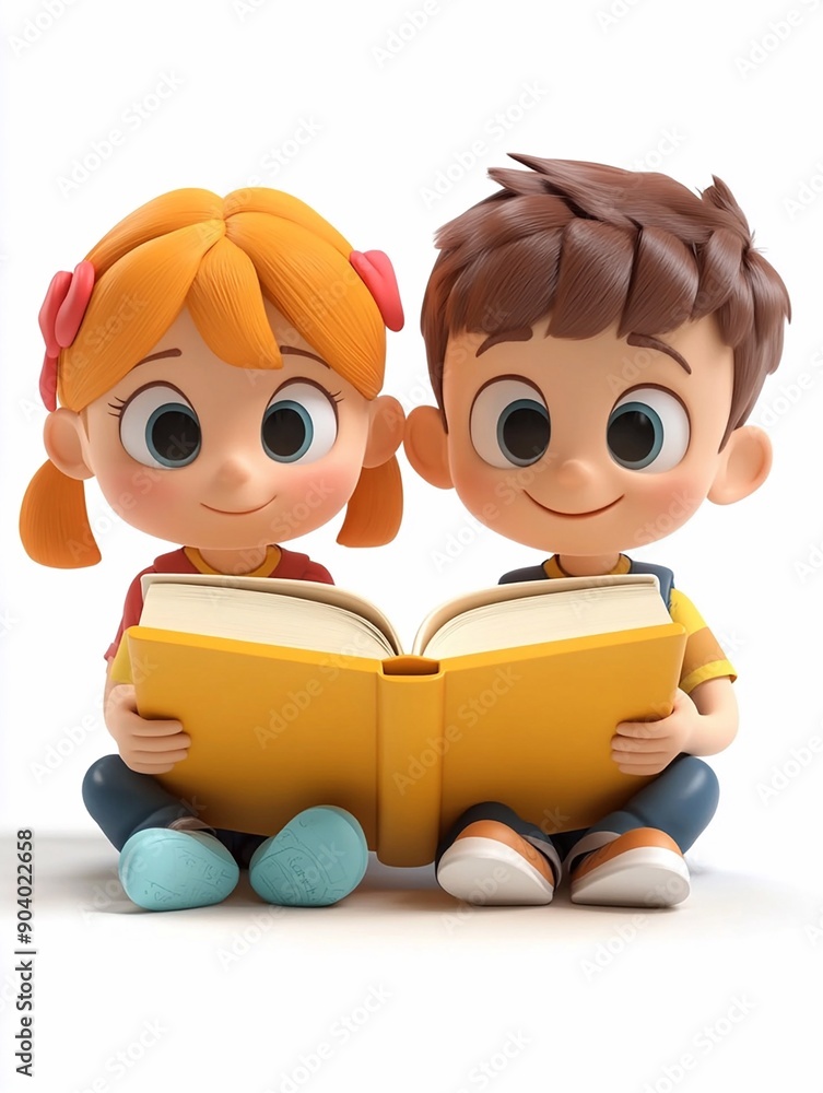 Boy and girl reading a book together on white background back to school ...