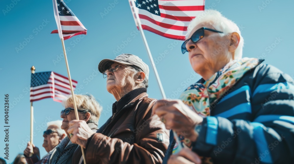 Elderly citizens proudly displaying american flags on a sunny day Stock ...