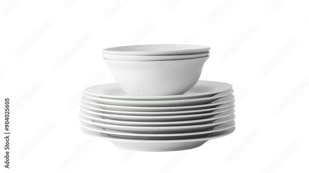 Clean stack of white plates and bowls on transparent background Stock ...