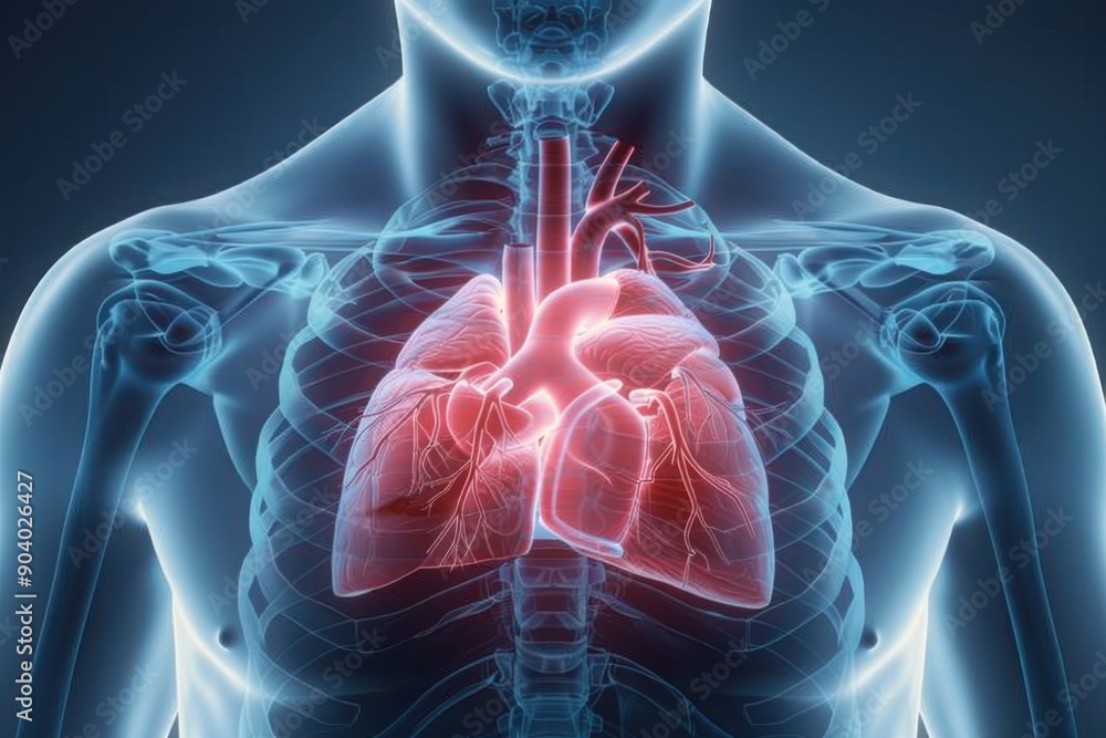 Illustration of human chest anatomy showing the heart and lungs ...