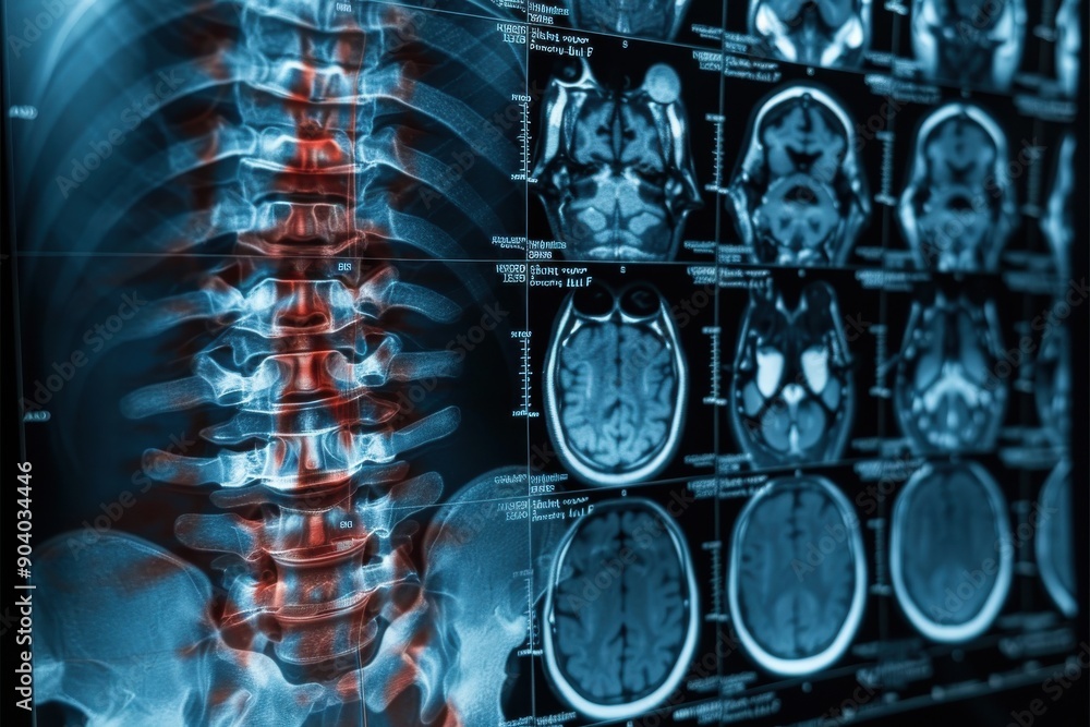 Comprehensive x-ray image featuring both the spine and head, with ...