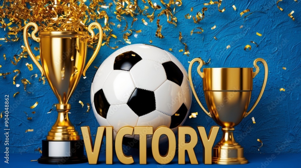 Soccer ball, golden trophy next to it, falling confetti, blue ...