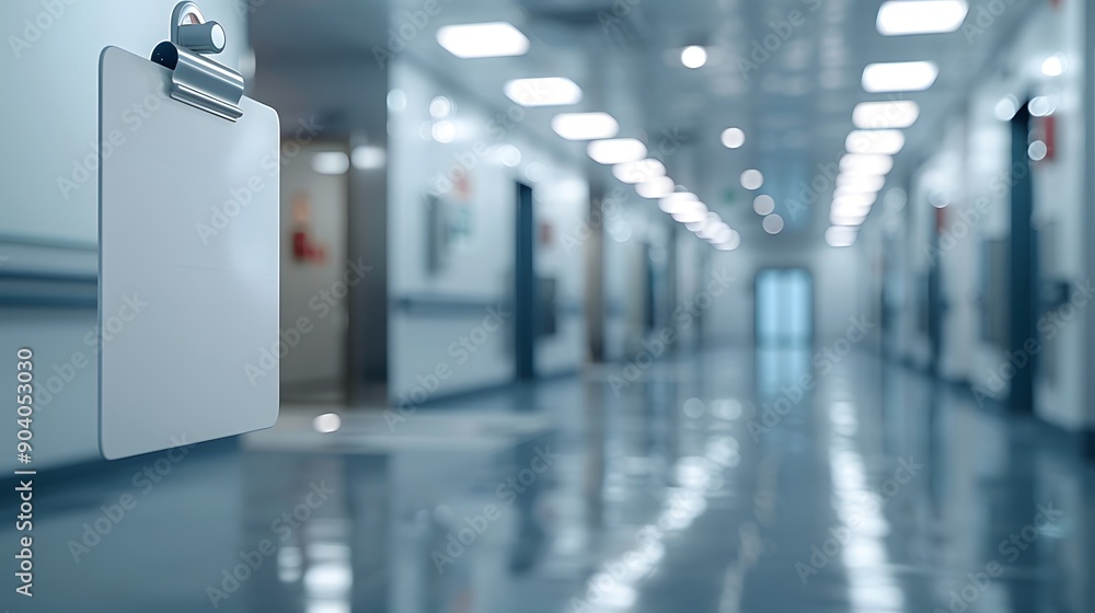 Bright corridor, soft diffused lighting, white empty ID badge in focus ...