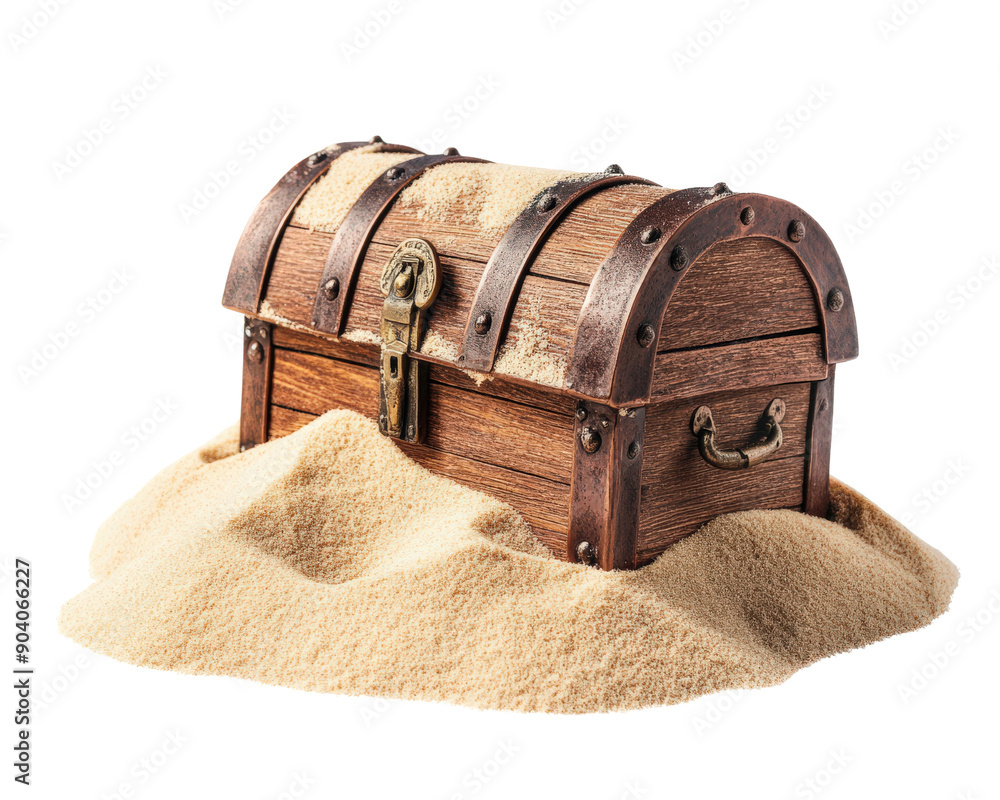 A wooden chest with a lock on it is sitting on a sandy beach Stock ...
