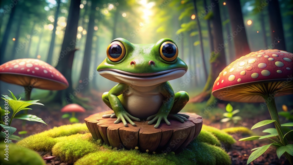 Adorable green frog-like monster with big round eyes and goofy smile ...
