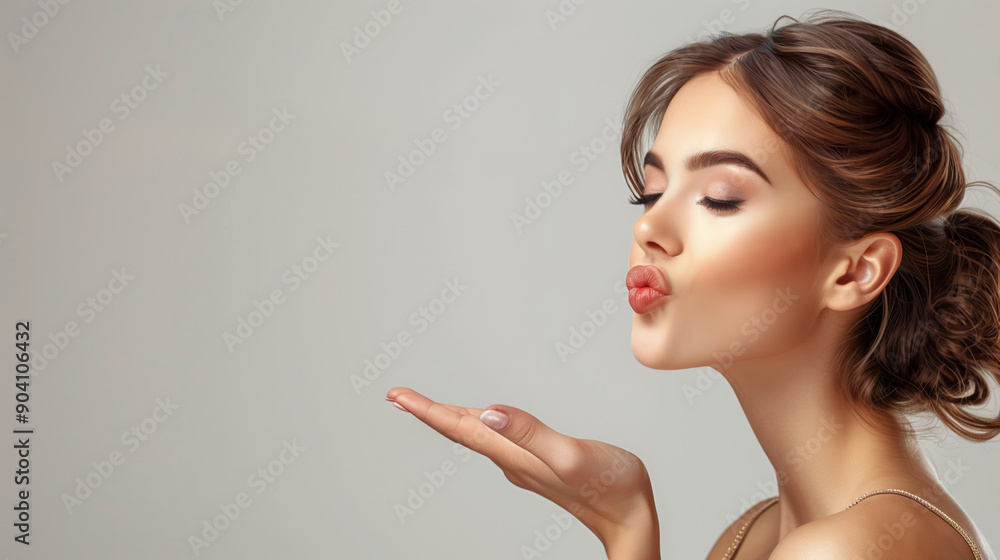 beautiful woman blowing a kiss, close-up, side profile, grey background ...
