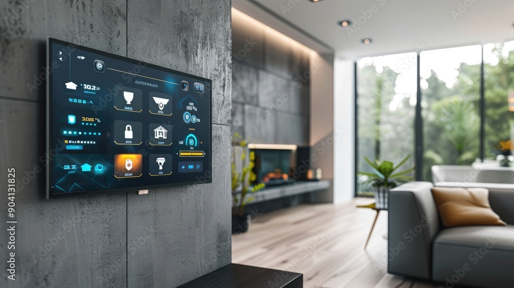 A modern living room with a wall-mounted home security control panel ...