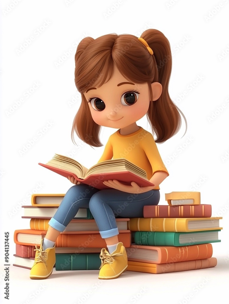 Cute girl opening book sitting on pile of books white background back ...