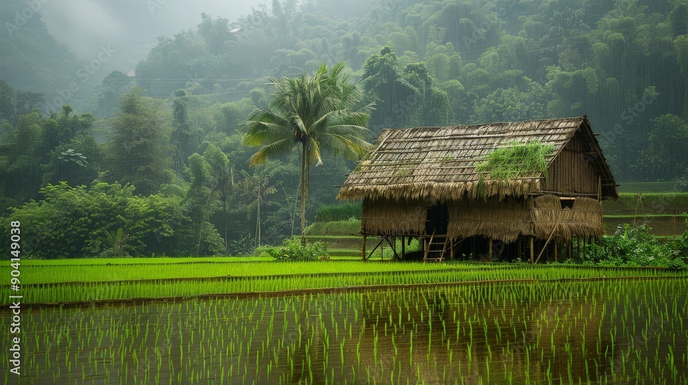 A rustic hut stands by an ancient rice field where farmers plant rice ...