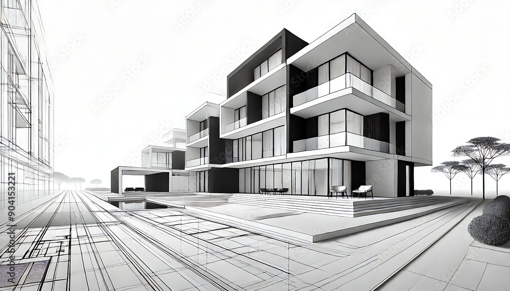 High-contrast black and white architectural blueprints depicting a ...