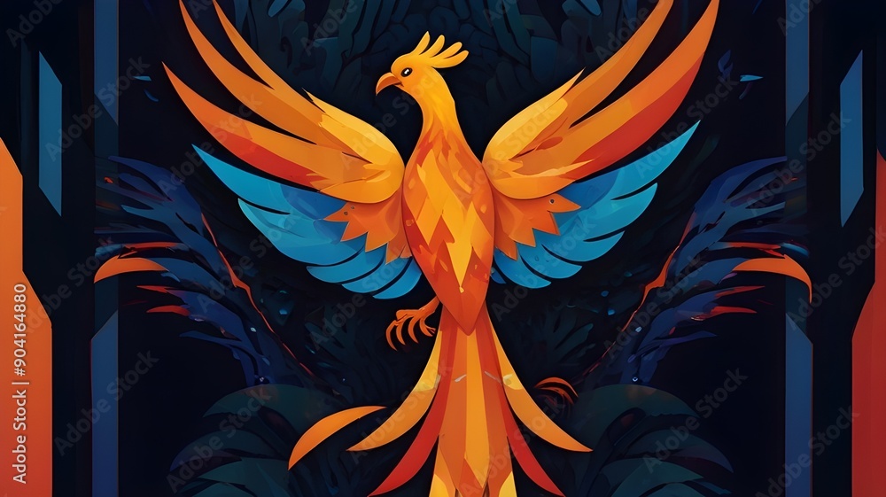 Professional graphic design. Flat vector art of a phoenix turned to the ...