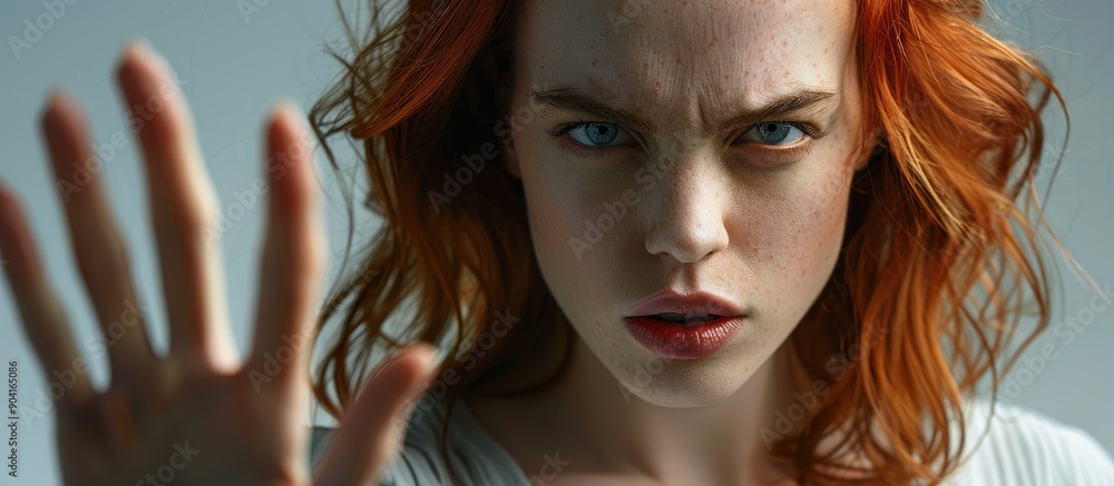 The serious redhead woman appears displeased and angry as she shows an ...