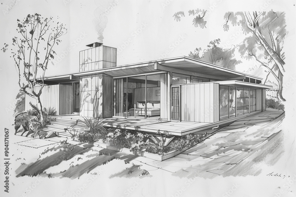 Mid century modern Architect pencil drawing of a mid century modern ...