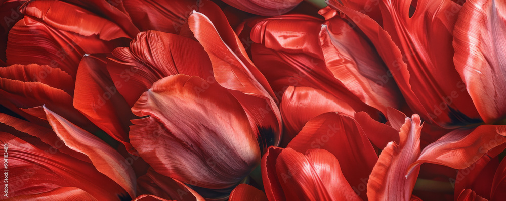 An intricate look at red tulip petals, layered on a floral backdrop, highlighting their smooth ...