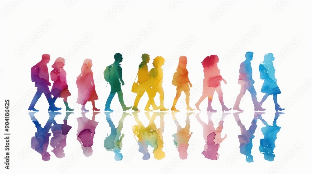 colorful watercolor silhouette of diverse people walking forward unity ...