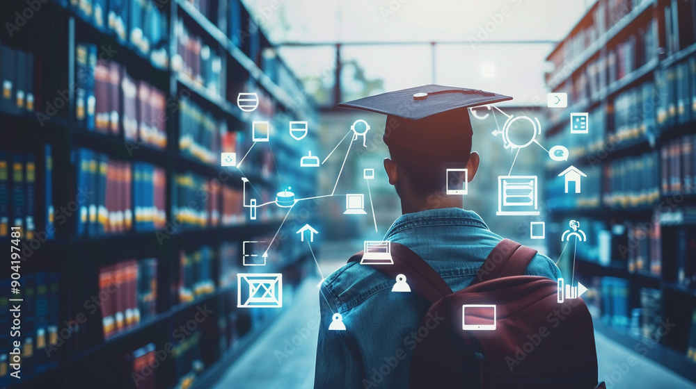 Person accessing online courses with digital icons for different ...