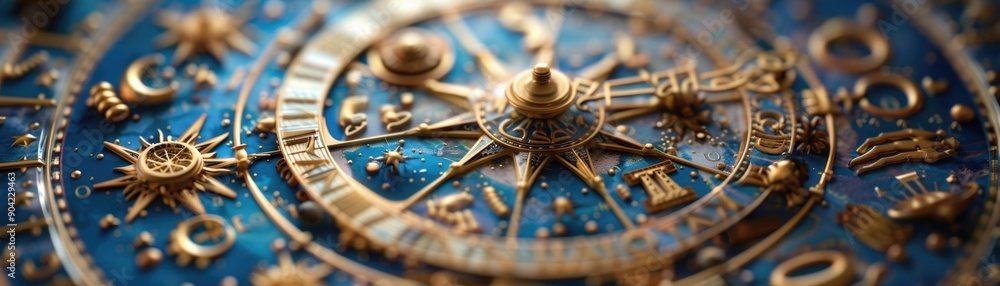 Astrological clock with zodiac symbols close up, focus on clock ...