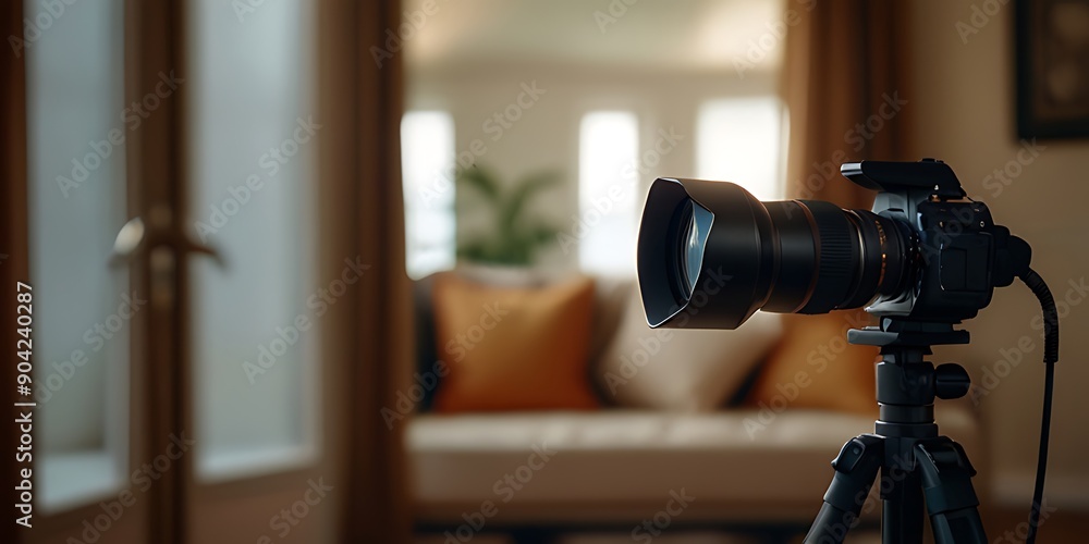 Professional camera setup in a studio, tripod with lighting equipment ...