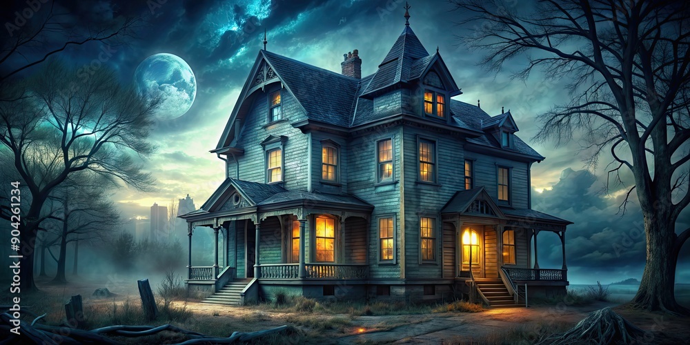 Eerie haunted house at midnight with malevolent windows , haunted house ...