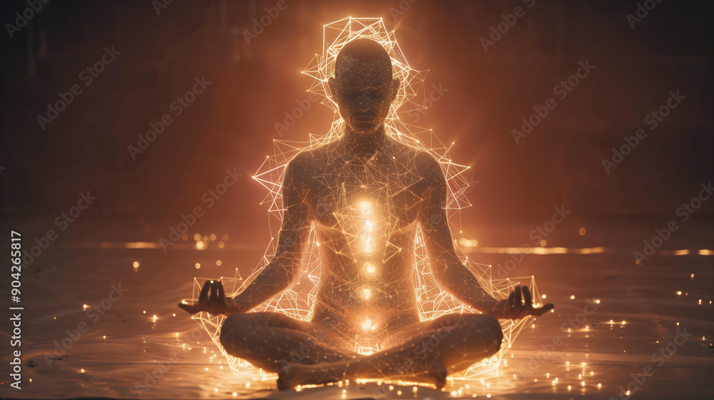 Meditating figure with glowing light flowing through chakras. Bringing ...