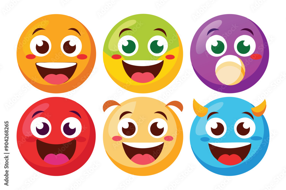 Six Smiling Cartoon Emojis with Different Colors and Features Stock ...
