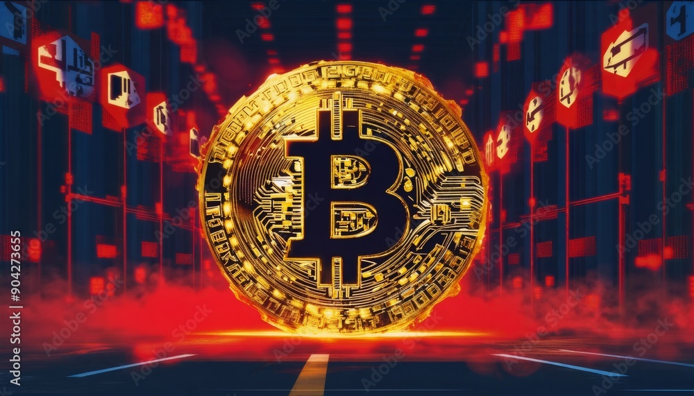 large bitcoin logo at the center, encircled by an array of stop signs ...