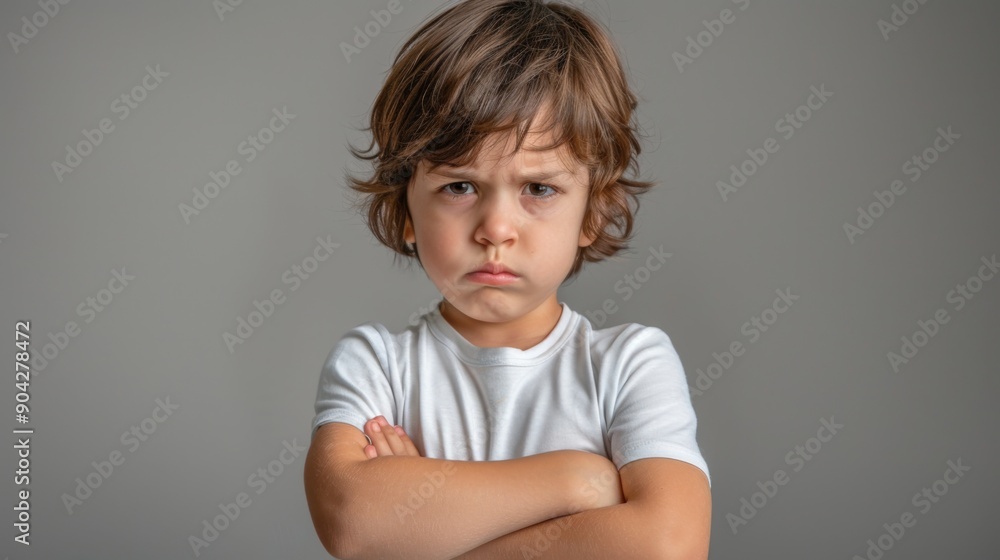 Mad male kid, angry little boy standing with his arms crossed, and ...