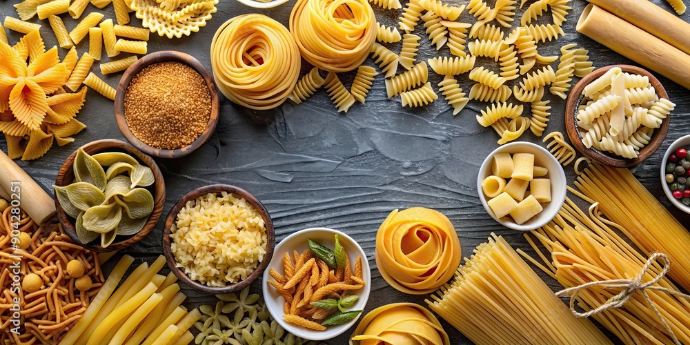 A flatlay composition of various types of pasta , spaghetti, penne ...