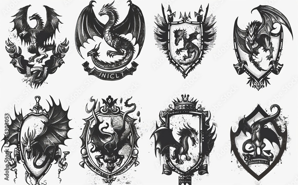 Heraldry animals in vintage style. Engraved coat of arms with birds ...