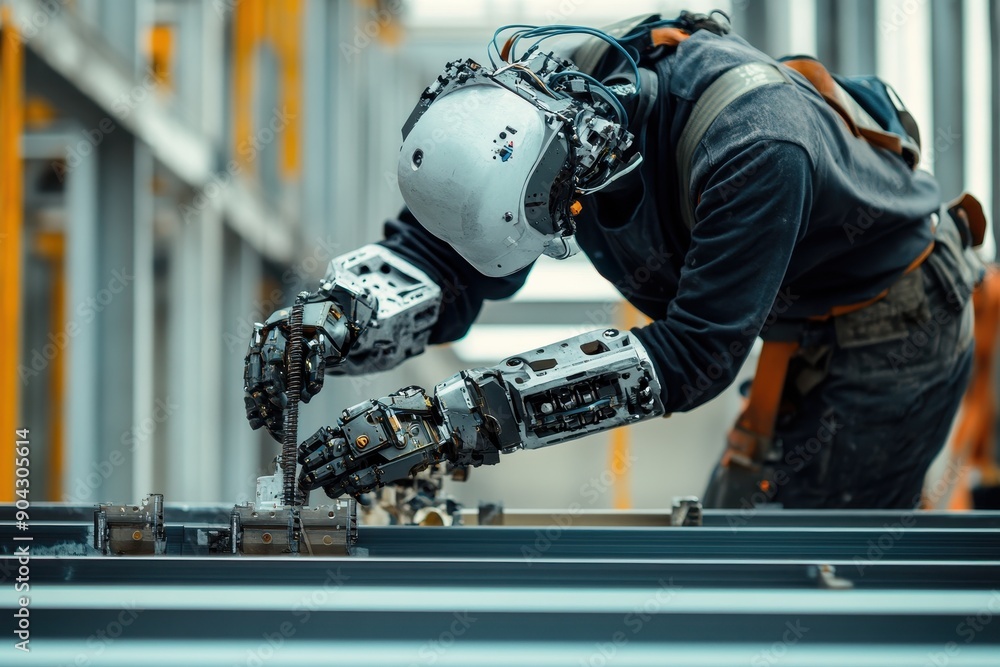 Robot Construction Worker, robotic arm skillfully tightening bolts on a ...