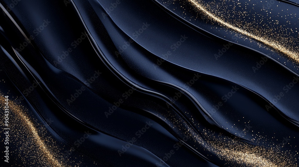 Swirling navy blue liquid patterns accented with fine gold powder ...