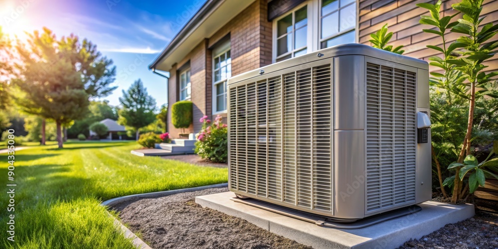 Air Conditioner Unit in Backyard with Brick House, Air Conditioning ...