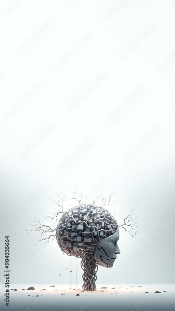 Robot with brain on grey vertical background. Artificial intelligence ...